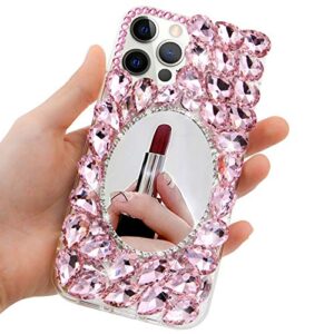 Crystal Mirror Case for iPhone 13 Pro,Luxury Sparkle Bling 3D Diamond Rhinestone Phone Case Women Girls Makeup MOIKY Clear Slim Shockproof TPU Bumper Protective Cover for iPhone 13 Pro(Pink)