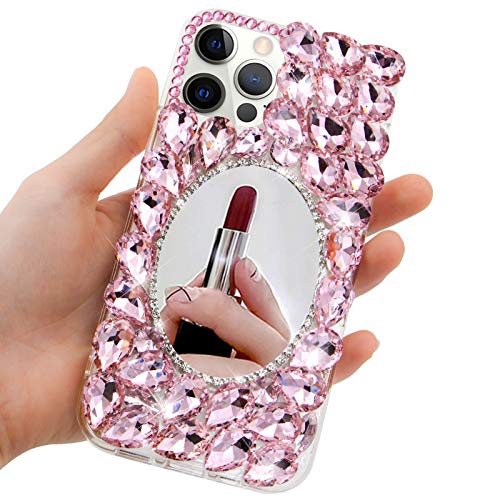 Crystal Mirror Case for iPhone 13 Pro,Luxury Sparkle Bling 3D Diamond Rhinestone Phone Case Women Girls Makeup MOIKY Clear Slim Shockproof TPU Bumper Protective Cover for iPhone 13 Pro(Pink)