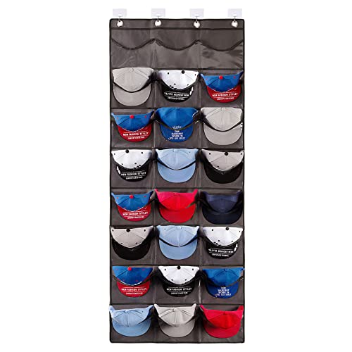 IREENUO Hat Rack for Baseball Caps, Cap Organizer for Door and Wall with 24 Clear Deep Pockets, Hat Holder for Storage and Display Baseball Caps, 4 Door & Wall Hooks Included, Dark Gray