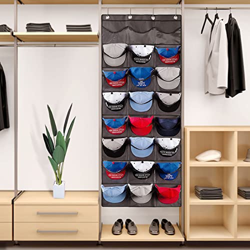 IREENUO Hat Rack for Baseball Caps, Cap Organizer for Door and Wall with 24 Clear Deep Pockets, Hat Holder for Storage and Display Baseball Caps, 4 Door & Wall Hooks Included, Dark Gray