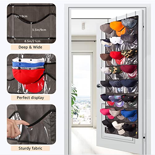 IREENUO Hat Rack for Baseball Caps, Cap Organizer for Door and Wall with 24 Clear Deep Pockets, Hat Holder for Storage and Display Baseball Caps, 4 Door & Wall Hooks Included, Dark Gray