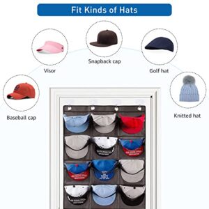 IREENUO Hat Rack for Baseball Caps, Cap Organizer for Door and Wall with 24 Clear Deep Pockets, Hat Holder for Storage and Display Baseball Caps, 4 Door & Wall Hooks Included, Dark Gray