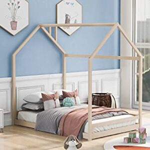 Merax Full Size House Bed Frame Floor Height Platform Bed for Kids and Toddler. Wood Full Bed Frame for Boys and Girls, House Shaped, Twin