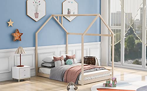 Merax Full Size House Bed Frame Floor Height Platform Bed for Kids and Toddler. Wood Full Bed Frame for Boys and Girls, House Shaped, Twin