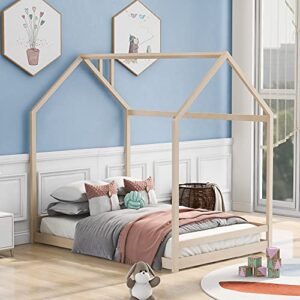 Merax Full Size House Bed Frame Floor Height Platform Bed for Kids and Toddler. Wood Full Bed Frame for Boys and Girls, House Shaped, Twin