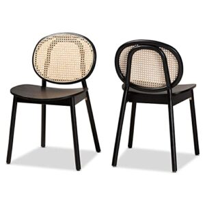 baxton studio halen mid-century modern brown woven rattan and black wood finished 2-piece cane dining chair set