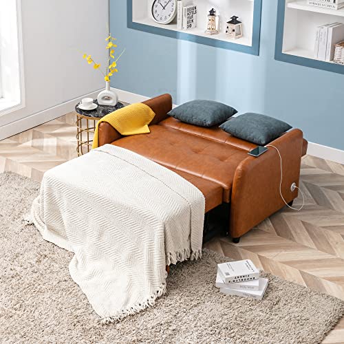 XD Designs PU Leather Convertible Sleeper Sofa Bed, Modern Multi-Function Pull Out Couch with Hardwood Frame, Adjustable Oversized Armchair with Dual USB Ports for Small Space (Brown + PU)