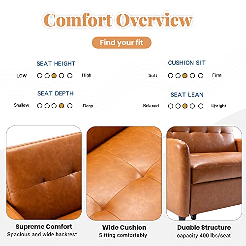 XD Designs PU Leather Convertible Sleeper Sofa Bed, Modern Multi-Function Pull Out Couch with Hardwood Frame, Adjustable Oversized Armchair with Dual USB Ports for Small Space (Brown + PU)