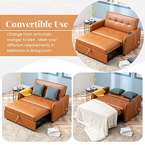 XD Designs PU Leather Convertible Sleeper Sofa Bed, Modern Multi-Function Pull Out Couch with Hardwood Frame, Adjustable Oversized Armchair with Dual USB Ports for Small Space (Brown + PU)