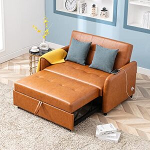 XD Designs PU Leather Convertible Sleeper Sofa Bed, Modern Multi-Function Pull Out Couch with Hardwood Frame, Adjustable Oversized Armchair with Dual USB Ports for Small Space (Brown + PU)