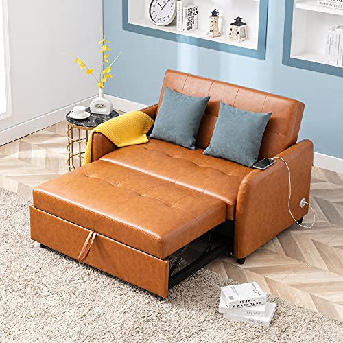 XD Designs PU Leather Convertible Sleeper Sofa Bed, Modern Multi-Function Pull Out Couch with Hardwood Frame, Adjustable Oversized Armchair with Dual USB Ports for Small Space (Brown + PU)