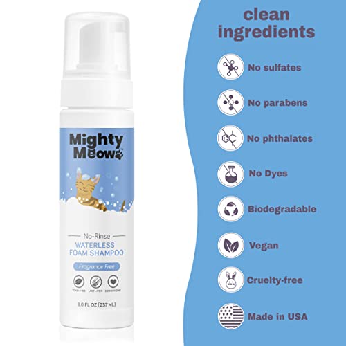 Mighty Meow Waterless Cat Shampoo, No-Rinse Dry Shampoo for Cats, Natural, Hypoallergenic & Fragrance-Free (8oz)