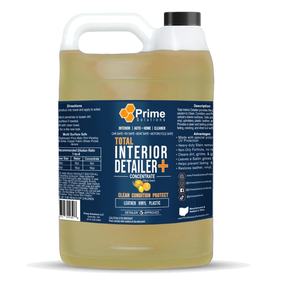 Prime Solutions Citrus Revive Total Interior Detailer+ | (4-in-1) Cleaner, Conditioner, Protectant, & Stain Remover Spray - (Leather, Vinyl, Plastic, Upholstery, & Fabric Surfaces)