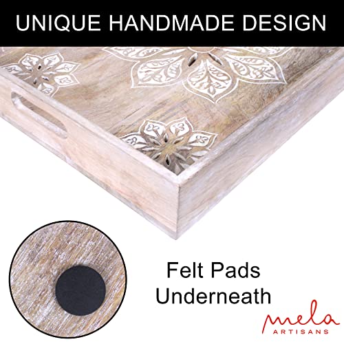 Mela Artisans Farmhouse & TV Ottoman Wooden Serving Tray - Large, Serena Whitewash | Decorative Mango Wood | Ideal to Serve Breakfast, Other Foods, Coffee, Tea | Rustic Home Decor | 20 x 14” x 2.5”