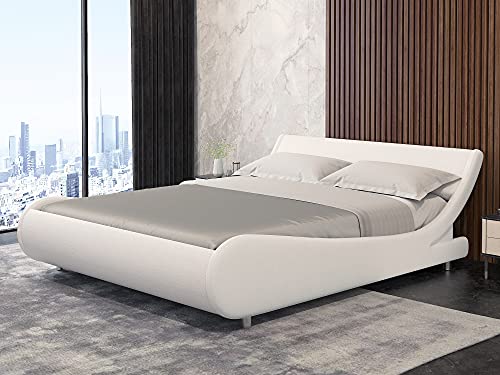 Modern King Upholstered Platform Bed Frame,Low Profile Bed Frames with Ergonomics Headboard, Faux Leather Bed/No Box Spring Needed/Easy Assembly,White