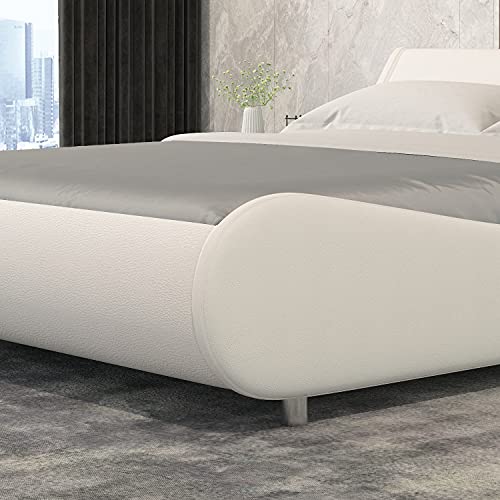 Modern King Upholstered Platform Bed Frame,Low Profile Bed Frames with Ergonomics Headboard, Faux Leather Bed/No Box Spring Needed/Easy Assembly,White