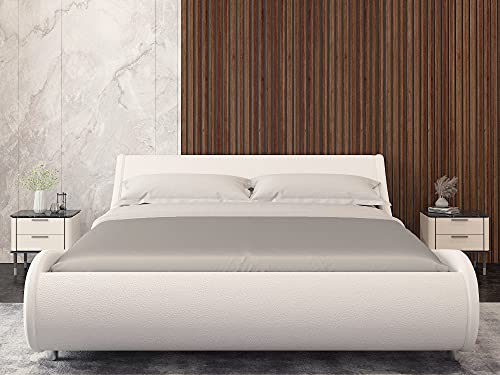 Modern King Upholstered Platform Bed Frame,Low Profile Bed Frames with Ergonomics Headboard, Faux Leather Bed/No Box Spring Needed/Easy Assembly,White