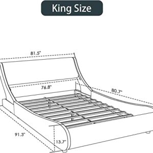 Modern King Upholstered Platform Bed Frame,Low Profile Bed Frames with Ergonomics Headboard, Faux Leather Bed/No Box Spring Needed/Easy Assembly,White