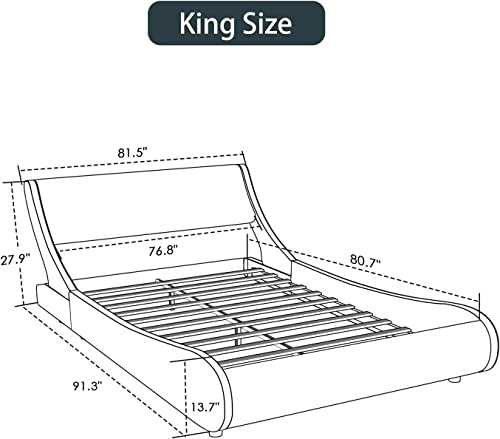 Modern King Upholstered Platform Bed Frame,Low Profile Bed Frames with Ergonomics Headboard, Faux Leather Bed/No Box Spring Needed/Easy Assembly,White