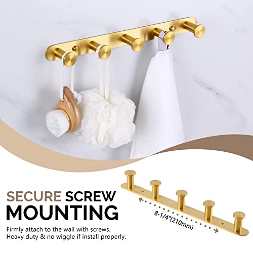 Angle Simple Towel Hook Rack Brushed Gold, SUS304 Stainless Steel Bathroom Hook Rail 5 Hooks, Utility Kitchen Towel Holder, Wall Mount