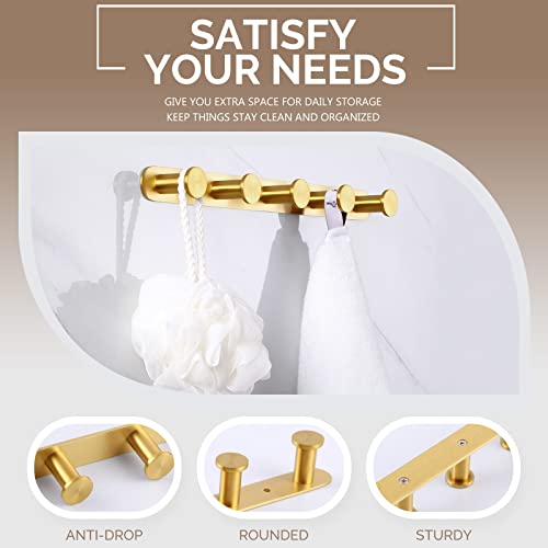 Angle Simple Towel Hook Rack Brushed Gold, SUS304 Stainless Steel Bathroom Hook Rail 5 Hooks, Utility Kitchen Towel Holder, Wall Mount