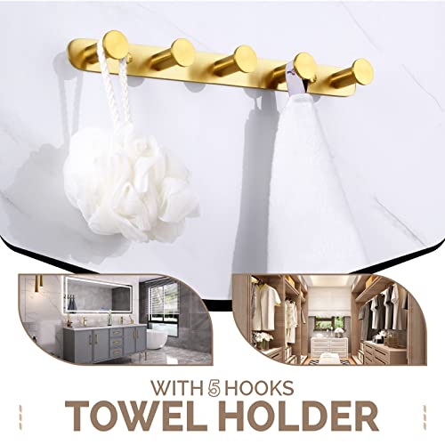 Angle Simple Towel Hook Rack Brushed Gold, SUS304 Stainless Steel Bathroom Hook Rail 5 Hooks, Utility Kitchen Towel Holder, Wall Mount