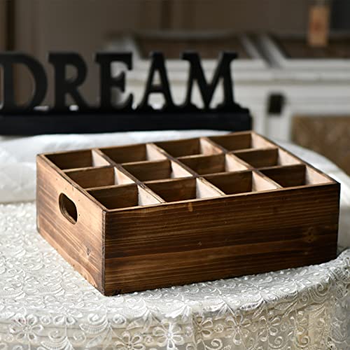 Sintosin Farmhouse Wooden Storage Crate for Decoration 13 x 10 inches, Rustic Beer Holder Box, Wood Crate Box for Crafts, Beverage Serving Caddy with Carrying Handles, 12 Individual Slots