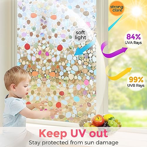 Rainbow Window Privacy Film 3D Decorative Stained Glass Window Film Sun UV Blocking Home Window Tint Non-Adhesive Static Cling Bathroom Door Window Coverings Glass Decals Windows Stickers,17.5*78.7 In