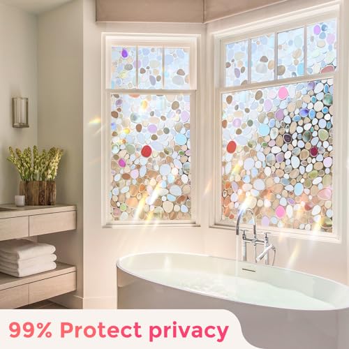 Rainbow Window Privacy Film 3D Decorative Stained Glass Window Film Sun UV Blocking Home Window Tint Non-Adhesive Static Cling Bathroom Door Window Coverings Glass Decals Windows Stickers,17.5*78.7 In