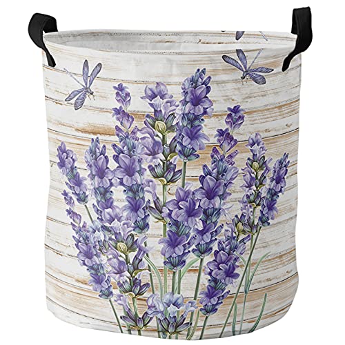 Laundry Basket Purple Lavender Dragonfly Hampers for Laundry Room/Dorm/Nursery Collapsible Clothes Hamper with Handle Waterproof Storage Baskets for Bedroom/Bathroom 16.5x17in