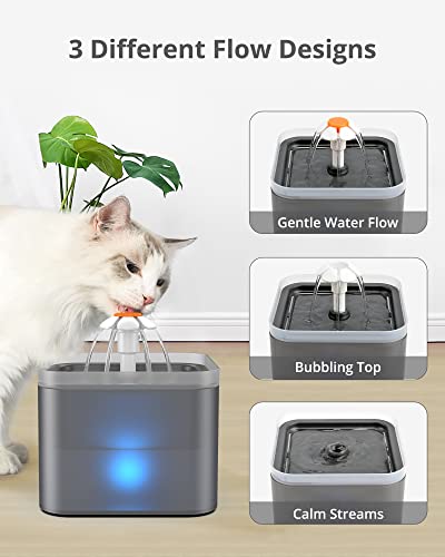 NICREW Cat Water Fountain, Ultra Quiet Cat Fountain with LED Light, 2L Capacity Pet Water Fountain with Filter, Automatic Drinking Water Dispenser for Cats and Dogs, Grey