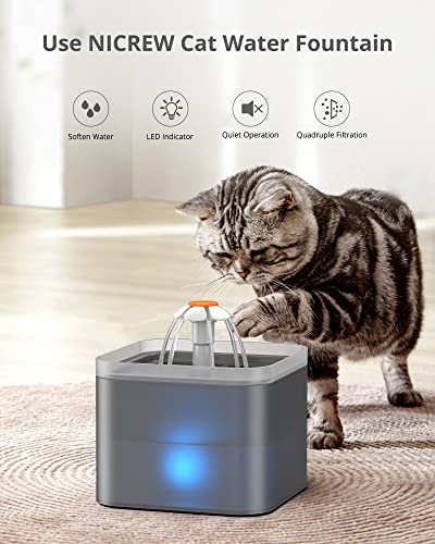 NICREW Cat Water Fountain, Ultra Quiet Cat Fountain with LED Light, 2L Capacity Pet Water Fountain with Filter, Automatic Drinking Water Dispenser for Cats and Dogs, Grey