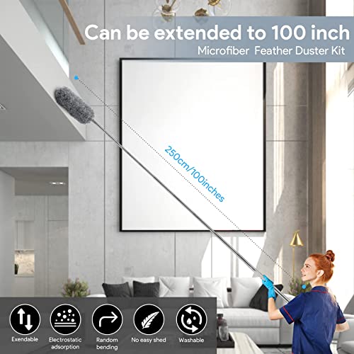 Microfiber Feather Duster - an 100 inch Extendable and Bendable Long Handle Dusters for Dust and Cobweb Cleaning All-Round Home Cleaning