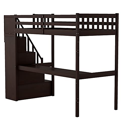 KLMM Twin Size Solid Wood Loft Bed with Staircase and Built-in Desk/Safety Guard Rail/Storage Drawers, No Box Spring Needed (Espresso + Pine@!)