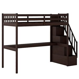 KLMM Twin Size Solid Wood Loft Bed with Staircase and Built-in Desk/Safety Guard Rail/Storage Drawers, No Box Spring Needed (Espresso + Pine@!)