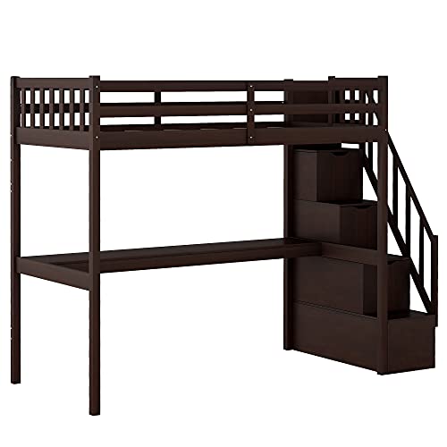 KLMM Twin Size Solid Wood Loft Bed with Staircase and Built-in Desk/Safety Guard Rail/Storage Drawers, No Box Spring Needed (Espresso + Pine@!)