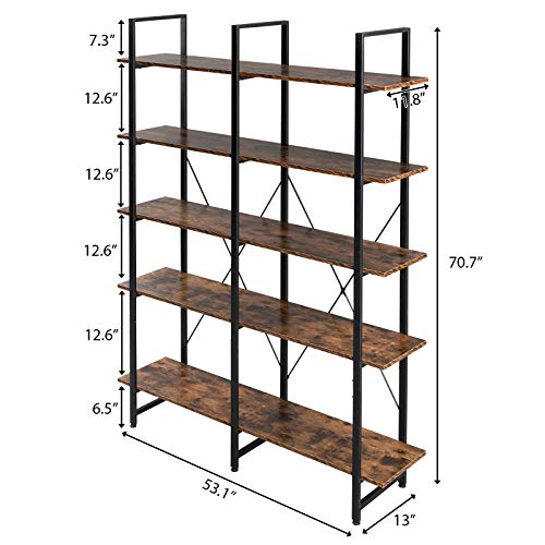 VINGLI Bookcases and Book Shelves 5 Shelf,Double Wide 5 Tier Bookshelf,5 Tier Tall Bookshelf,Large Etagere Bookshelf 5 Shelf Bookcase,Industrial Style Bookshelf,Living Room,Bedroom,Office