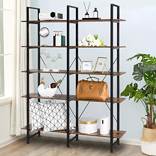 VINGLI Bookcases and Book Shelves 5 Shelf,Double Wide 5 Tier Bookshelf,5 Tier Tall Bookshelf,Large Etagere Bookshelf 5 Shelf Bookcase,Industrial Style Bookshelf,Living Room,Bedroom,Office