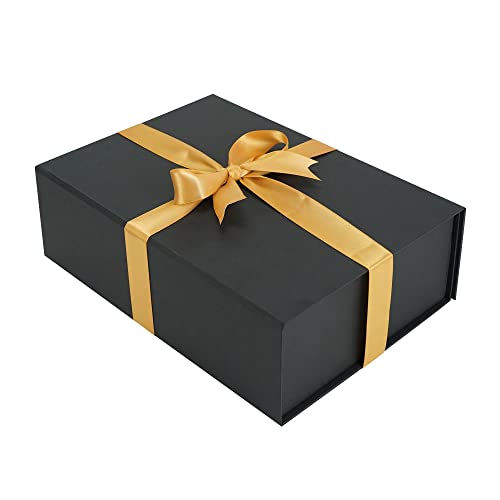 HUIHUANG Black Gift Box with Lid, Large Gift Box Magnetic Closure Present Box Man Male Boy Birthday Graduation Boxes for Gift Packaging with Ribbon, Card,Shredded Paper Filler, 11x7.8x3.5 Inch-1 Pack