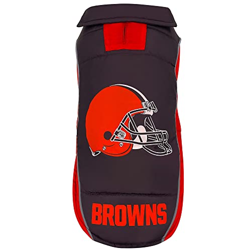 NFL Cleveland Browns Puffer Vest for Dogs & Cats, Size Small. Warm, Cozy, and Waterproof Dog Coat, for Small and Large Dogs/Cats. Best NFL Licensed PET Warming Sports Jacket