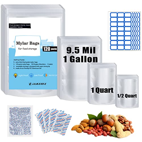 Mylar Bags for Food Storage,120 Pack Mylar Bags with 300cc Oxygen Absorbers, Extra Thick Reusable Ziplock Bag (10"x14", 6"x9",3.5"x5") (120)