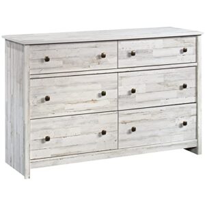 sauder river ranch rustic 6-drawer bedroom dresser in white plank, white plank finish