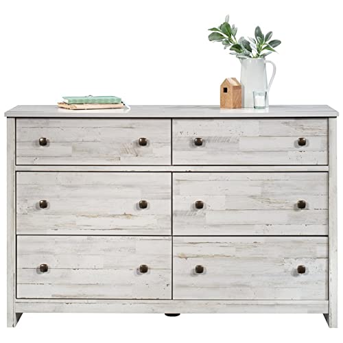 Sauder River Ranch Rustic 6-Drawer Bedroom Dresser in White Plank, White Plank Finish