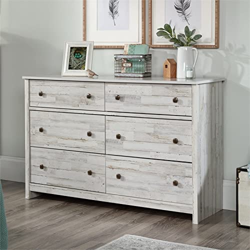 Sauder River Ranch Rustic 6-Drawer Bedroom Dresser in White Plank, White Plank Finish