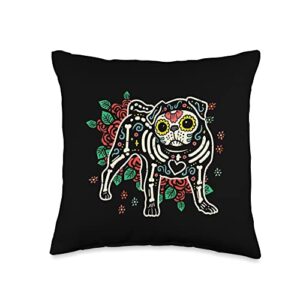 sugar skull decor halloween day of the dead gift sugar skull pug dia de los muertos halloween dog mexican throw pillow, 16x16, multicolor