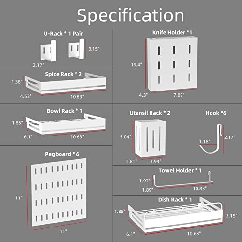 Metal Pegboard for Kitchen 6 Pcs, NaneTidy Pegboard Wall Organizer Kits (Include 2x Spice Racks, Bowl Rack, Plate Rack, 6x Hooks, Knife Holder, 2x Utensil Holders, U-Rack,Towel Rack), White