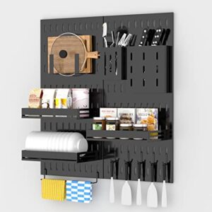 metal pegboard for kitchen 4 pcs, nanetidy pegboard wall organizer kits and accessories (include 3 x spice racks, 5 x hooks, 1 x knife holder, 1 x utensil holder, 1 x u-rack, 1 x towel rack), black