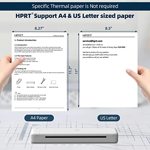 HPRT Portable Printers Wireless for Travel, MT800, Support 8.5" X 11" US Letter & A4 Paper, Thermal Transfer Inkless Printers, Bluetooth Connection, Compatible with Laptops & Android iOS Phone