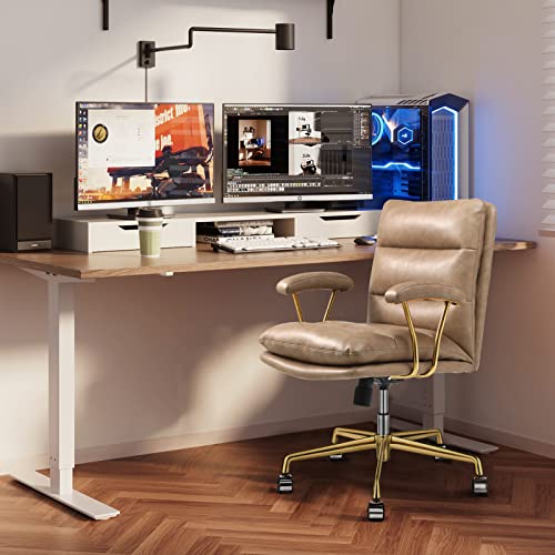 LEAGOO Mid Back Home Office Desk Task Chair with Wheels and Arms Ergonomic PU Leather Computer Rolling Swivel Chair with Padded Armrest (Khaki)