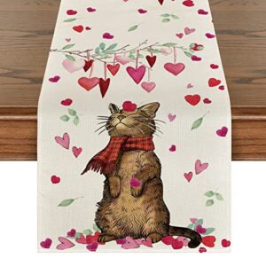 Artoid Mode Cat Branches Leaves Heart Valentine's Day Table Runner, Seasonal Holiday Kitchen Dining Table Decoration for Indoor Outdoor Home Party Decor 13 x 72 Inch